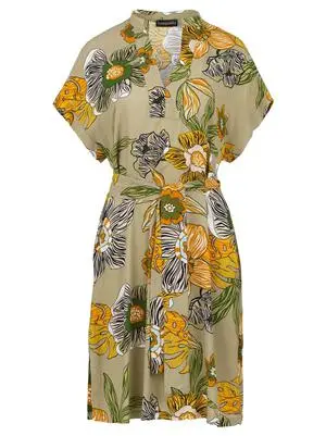 CONQUISTA Linen Style Bold Floral Print Dress With Mandarin Collar - Brown