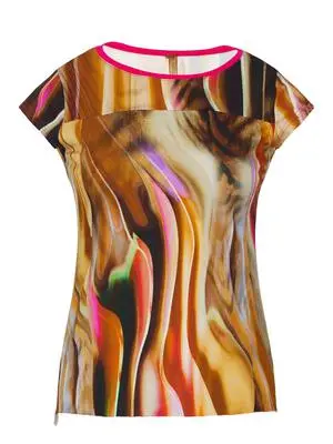 CONQUISTA Print Cap Sleeve Top With Trim Detail - Red