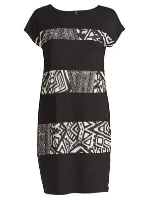 CONQUISTA Straight Dress With Geometric Print Panel - Black