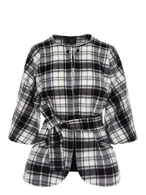 AVENUE N°29 Check Wool Cape With Belt & White - Black