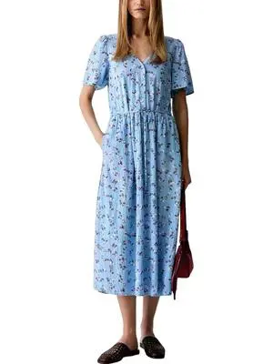Marc O'polo Floral Print Tie-waist Midi Dress - Blue