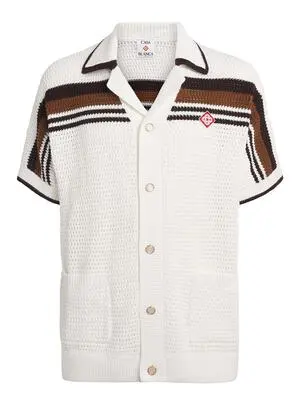 Casablanca Cotton Crochet Tennis Stripe Polo Shirt - White