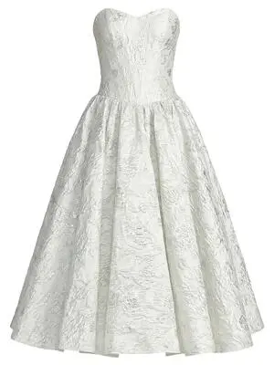 Mac Duggal Strapless Brocade Tea Length Dress - White