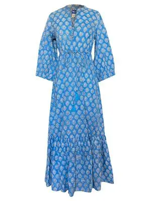 PICK HAPPY Mermaid Maxi Dress Botanical Azure Handblock Cotton - Blue