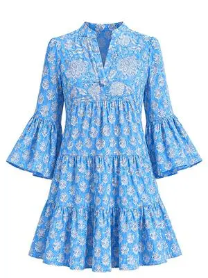 PICK HAPPY Babydoll Mini Dress Botanical Azure - Blue