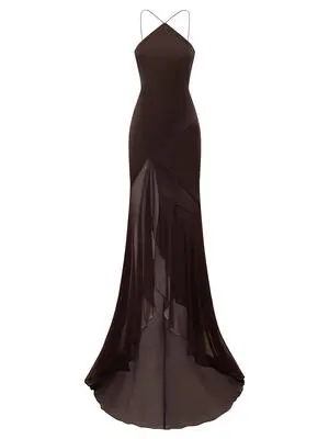 Alex Perry Silk Tiered Skirt Halter Gown - Brown