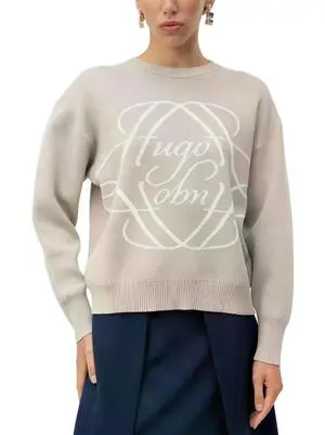 Hugo Logo-intarsia Crew-neck Sweater - Neutrals