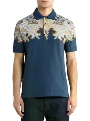 Etro Cotton Pique Polo Shirt With Placed Print - Blue