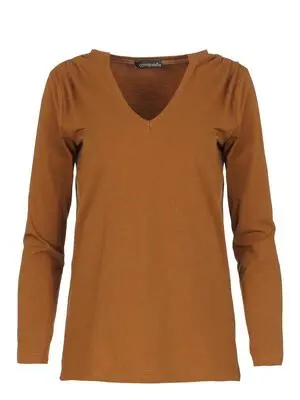 CONQUISTA Chocolate Jersey V-neck Top - Brown