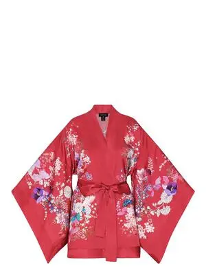 MENG Vermillion Silk Satin Short Kimono - Red