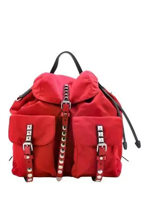 Prada Vela Tessuto Studded Leather Backpack - Red