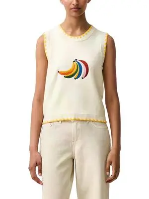 NEVER FULLY DRESSED Banana-embroidered Sleeveless Knitted Vest - Neutrals
