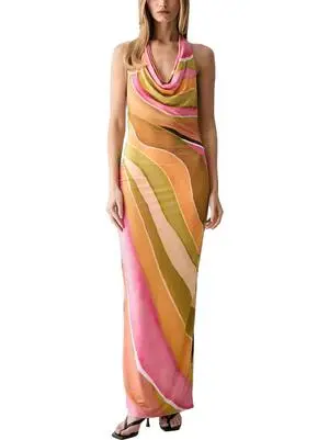 NEVER FULLY DRESSED Abstract-print Cowl-neck Maxi Dress - Orange