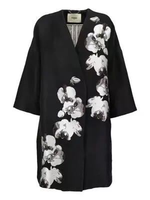 Fendi V-neck Floral-print Coat - Black