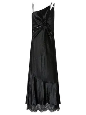 Pinko Long Satin Asymmetrical Neck Dress With Lace Trim - Black