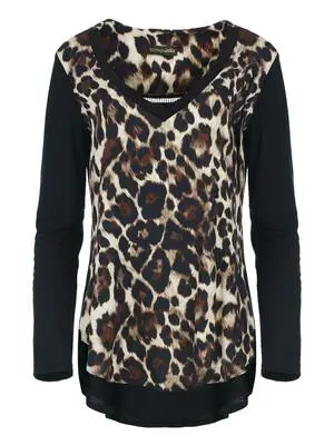CONQUISTA Animal Print Top With Tencel Jersey Back - Black