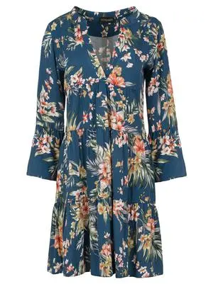 CONQUISTA Floral A-line Dress With Bell Sleeves - Blue