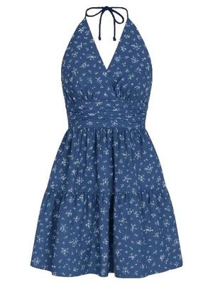 CONQUISTA Indigo Floral Empire Line Mini Dress - Blue