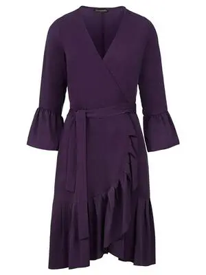 CONQUISTA Aubergine Viscose Wrap Dress With Bell Sleeves - Blue