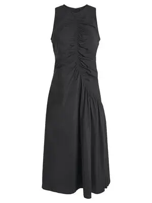 Theory Cotton Ruched Asymmetric Midi Dress Black