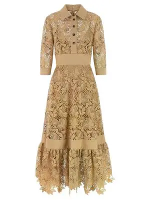 Elie Saab Floral Macramé Ruffled Midi Dress - Neutrals