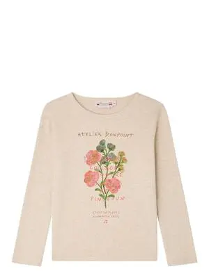Bonpoint Cotton Floral Print Long Sleeve T-shirt - Beige
