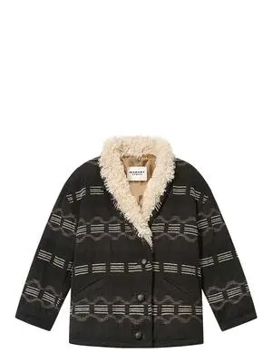 ETOILE Qayla Short Jacquard Weave Coat With Faux Fur Trim - Black