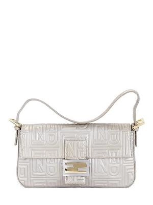 Fendi Logo Embossed Baguette Shoulder Bag - Silver