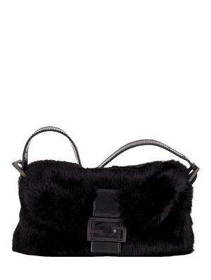 Fendi Rabbit Fur Baguette Shoulder Bag - Black