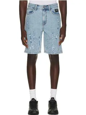 REVENGE Spider Web Denim Shorts In . Also - Blue