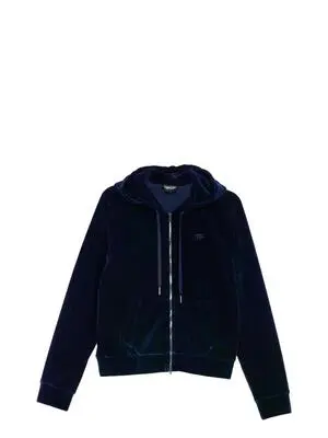 TOM FORD Velour Tonal Tf Embroidered Zip Hoodie - Blue