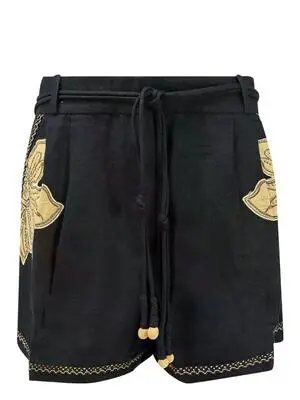 SCARLETT POPPIES Vareli Appliqué-detailed Linen Shorts - Black