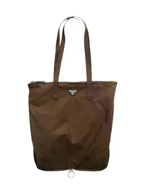 Prada Saffiano Leather Pendant With Re-nylon Tote Bag Brown