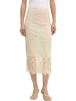 VICOLO Lace-overlay Side-slit Midi Skirt - Neutrals