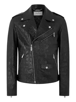 Philipp Plein Crocodile-effect Biker Jacket - Black