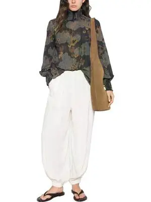 SIYU Floral-print Smocked-neck Blouse - Blue