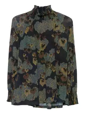 SIYU Floral Print Smocked Neck Blouse - Blue