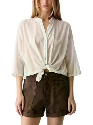 HAVEONE Front-tie Band-collar Shirt - Neutrals