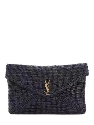 Saint Laurent Cassandre Envelope Raffia Large Clutch Bag - Black