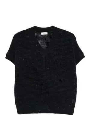 Peserico Sequin-embellished V-neck Short-sleeve Sweater - Blue