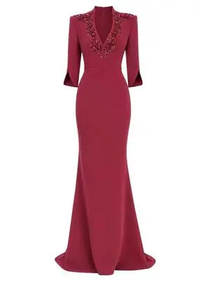 Badgley Mischka V-neck Maxi Gown - Red