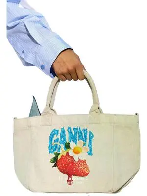 GANNI Strawberry-print Logo-embroidered Tote Bag - Neutrals
