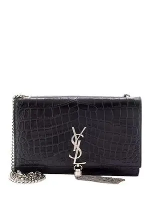 Saint Laurent Classic Monogram Tassel Crocodile Embossed Leather Medium Crossbody Bag - Black