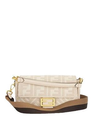 Fendi Vitello King Ff Embroidered Mini Baguette Shoulder Bag - Poudre