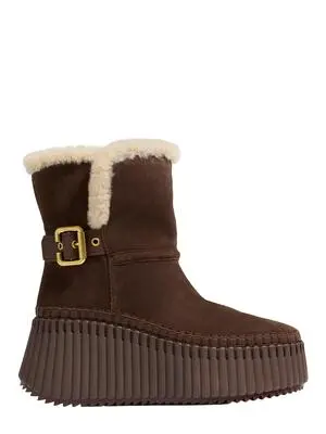 Chloé Chloé Nama Suede Wedge Ankle Boots With Shearling Lining And Paddington Buckle Sharp Brown