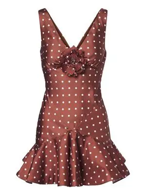 RODARTE Floral Appliqué Polka-dot Silk Twill Mini Dress - Brown