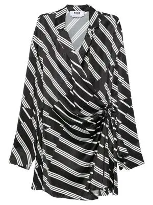 MSGM Striped Wrap Mini Dress - Black