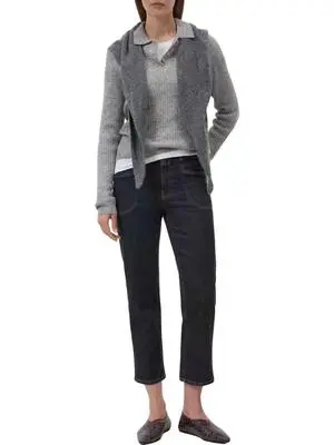 Closed Ribbed Knit Long Sleeve Polo Shirt - Grey