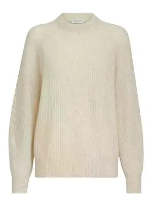 Brunello Cucinelli Mohair, Cotton, And Wool Diamond Yarn English Rib Sweater With Sequins - Neutrals