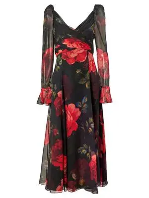 Carolina Herrera Rose-print Silk Midi Dress - Black
